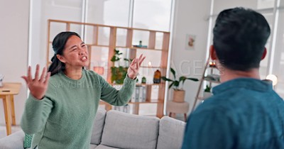 Couple, fight and angry with stress and conflict, life crisis and ...