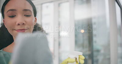 Cleaning, spray and mirror with woman in bathroom for sanitary ...