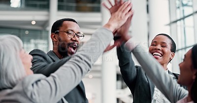 Business people, cooperation and staff with high five achievement and ...
