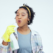 Cleaning, shoot and chemical with face of woman in studio for ...