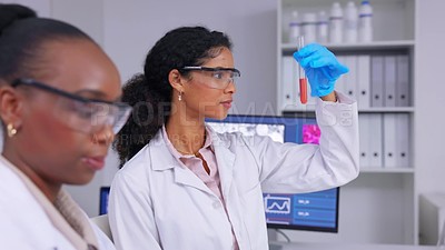 Laboratory, test tube and scientist women with working, research and ...