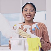 Face, home and woman with cleaning supplies, smile and housekeeping ...