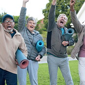 Cheers, fitness or old people training for success together in outdoor ...