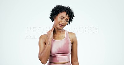 Neck, pain and sports woman with injury in studio for health risk ...