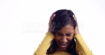 Noise, mental health and face of woman on a white background for stress ...