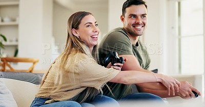 Gaming, play or excited couple with video game in arcade competition on ...