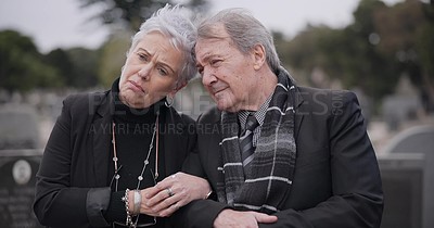 Funeral, graveyard and senior couple in cemetery for comfort, empathy ...