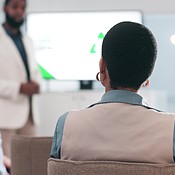 Business people, seminar and man with presentation, questions and ...