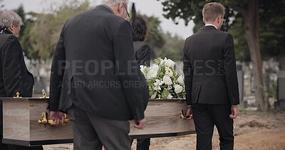 Men, coffin and pallbearers walking at cemetery ceremony outdoor at ...