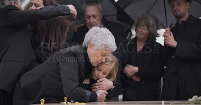 Funeral, crying family and child hug grandmother for support, mourning ...