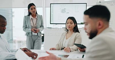 Wind turbine, chart presentation and business woman with environment ...