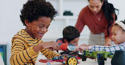 Black kid, robot wire and learning in school, studying and knowledge of ...