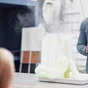 Chemistry, teacher and experiment in science classroom with excited ...