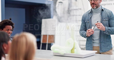 Chemistry, teacher and experiment in science classroom with excited ...