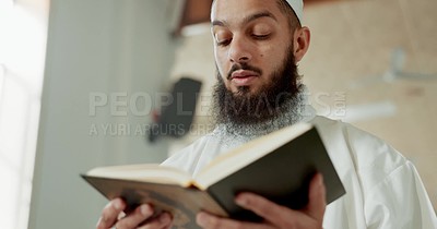 Muslim man, reciting quran and mosque with faith, reading and ...