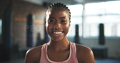 Gym face, black woman and happy for exercise, training and female ...