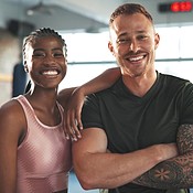 Gym, diversity team and smile for fitness teamwork, training ...