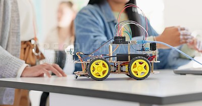 Hands, robotics classroom and students at school, learning or ...