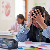 High school, classroom students and girl stress, worry or burnout from ...