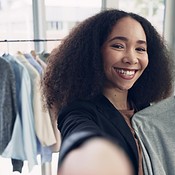 Selfie, influencer and shopping with face of woman in store for fashion ...