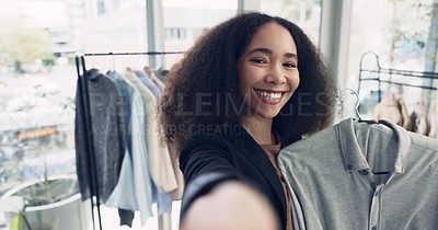 Selfie, influencer and shopping with face of woman in store for fashion ...