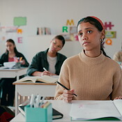 Learning, students and speaking in classroom with teacher and answer ...