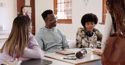 University students, talking and class with conversation, collaboration ...