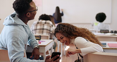 Phone, friends and funny with people in classroom for social media ...
