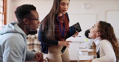 Phone, students and distraction with a teacher in a classroom for ...