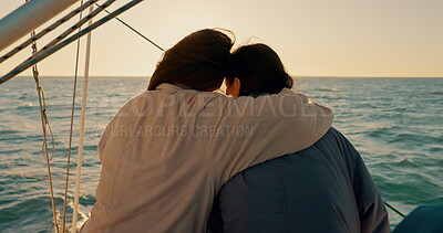 Back, lesbian couple and hug on boat at sunset, bonding or funny laugh ...