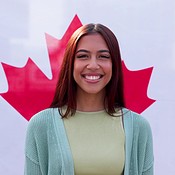 Woman, face and smile for Canada, flag and pride in country, happiness ...