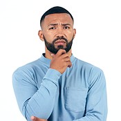 Thinking, ideas and man in doubt with question on memory isolated on ...