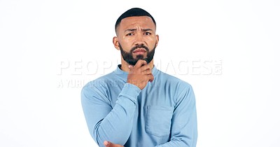 Thinking, ideas and man in doubt with question on memory isolated on ...