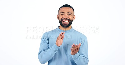 Applause, success and face of man in studio with motivation, choice or ...