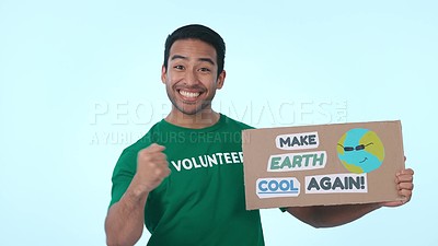 Go green, poster for recycling and volunteer man on blue background in ...