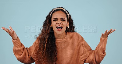 Face, shrug and woman with questions, confused and thinking on a blue ...