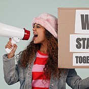 Megaphone announcement, poster and woman protest for democracy vote ...