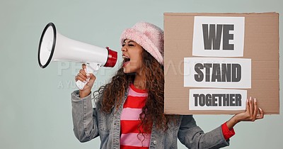 Megaphone announcement, poster and woman protest for democracy vote ...