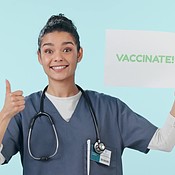 Nurse, face and pro vaccination sign with thumbs up and a woman with ...
