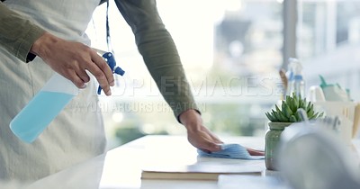 Woman, sanitizing desk and cleaning service for office housekeeping ...