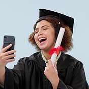 Graduate, selfie and woman in studio with diploma, certificate and ...