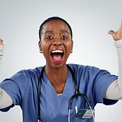 Wow, excited nurse and black woman, winner and success in studio ...