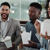 Chinese food, collaboration and success with a business team cheering ...