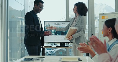 Award, happy man or business people celebration, applause or team ...