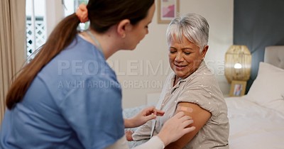 Old woman, nurse help with plaster and elderly care, support and wound from injection with ...
