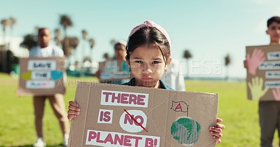 Girl kid, poster and climate change in nature with face, vote or ...