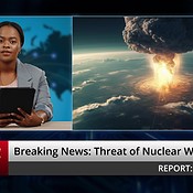 Breaking news, woman reporter and tv studio for war threat, nuclear ...