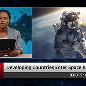 News, reporter woman and astronaut in space, tv studio and developing ...