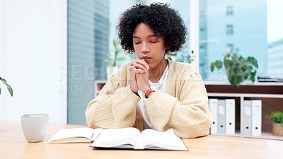 Bible, worship and business woman in office praying with hope ...