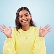 Wave, greeting and excited woman face with a smile and communication in ...